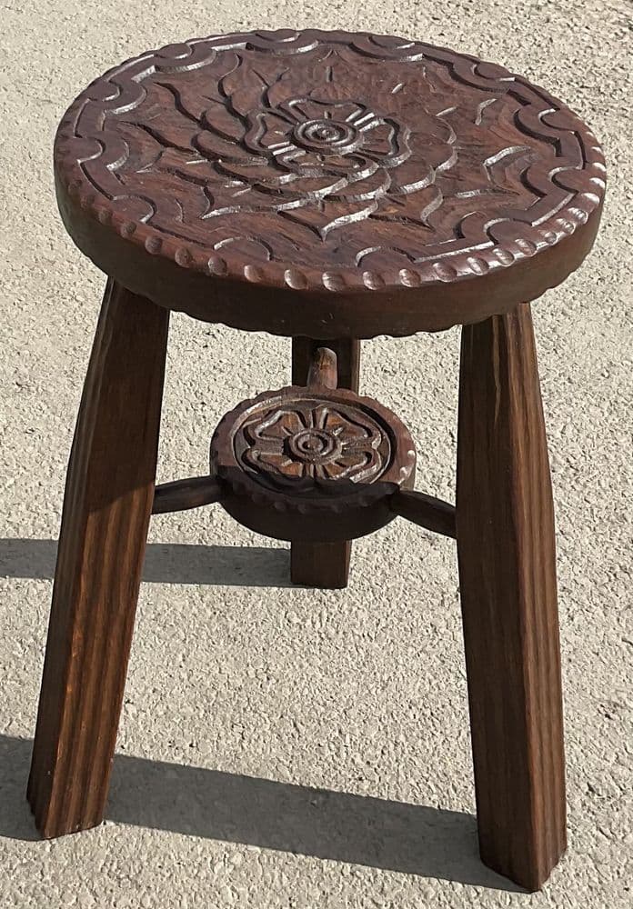 Circular Top Carved Oak Stool