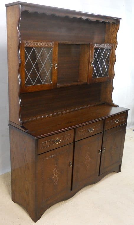 Dark Oak Wood Dresser with Glazed Plate Rack in a Country Style