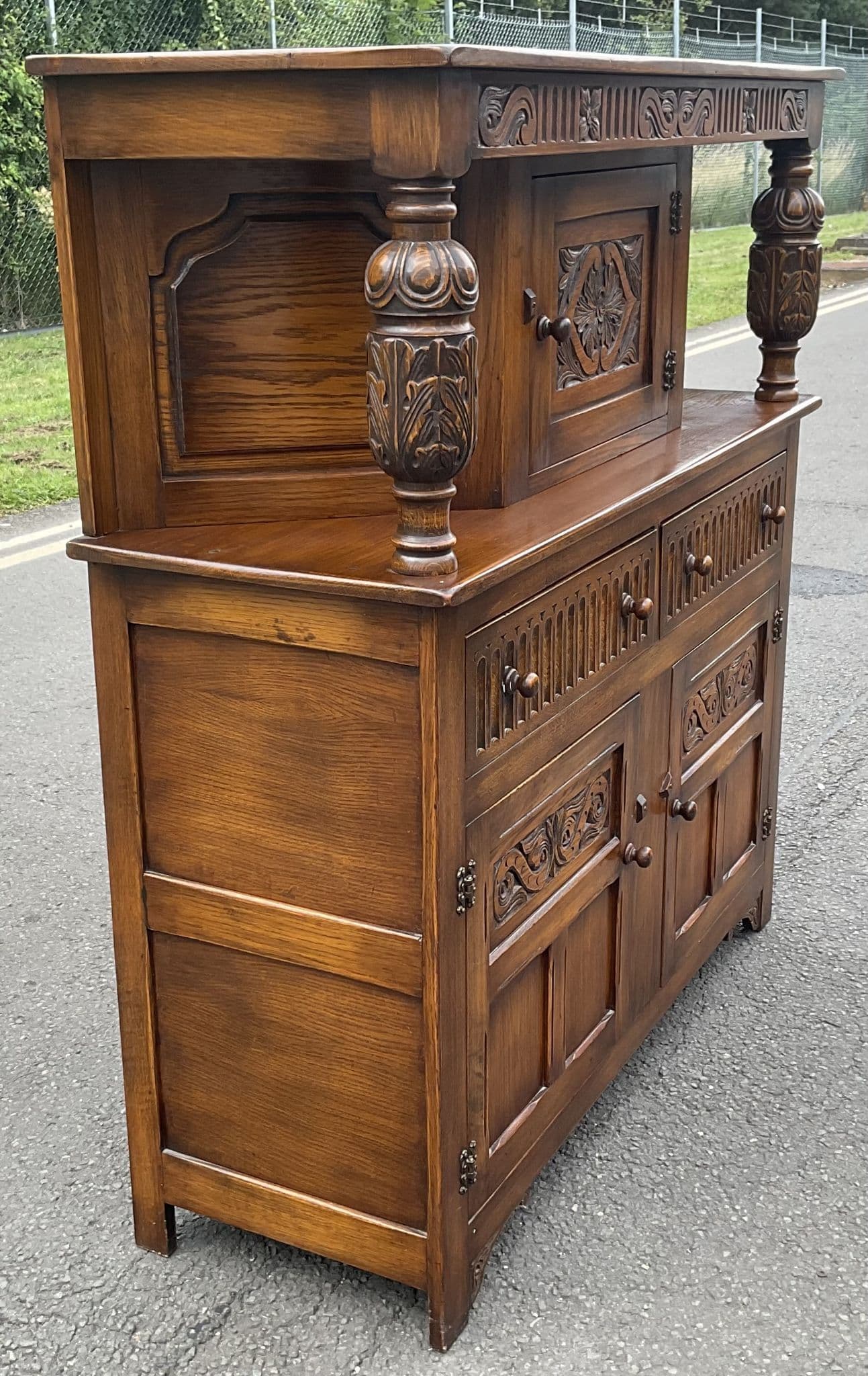 Panelled Oak Carved Court Cupboard