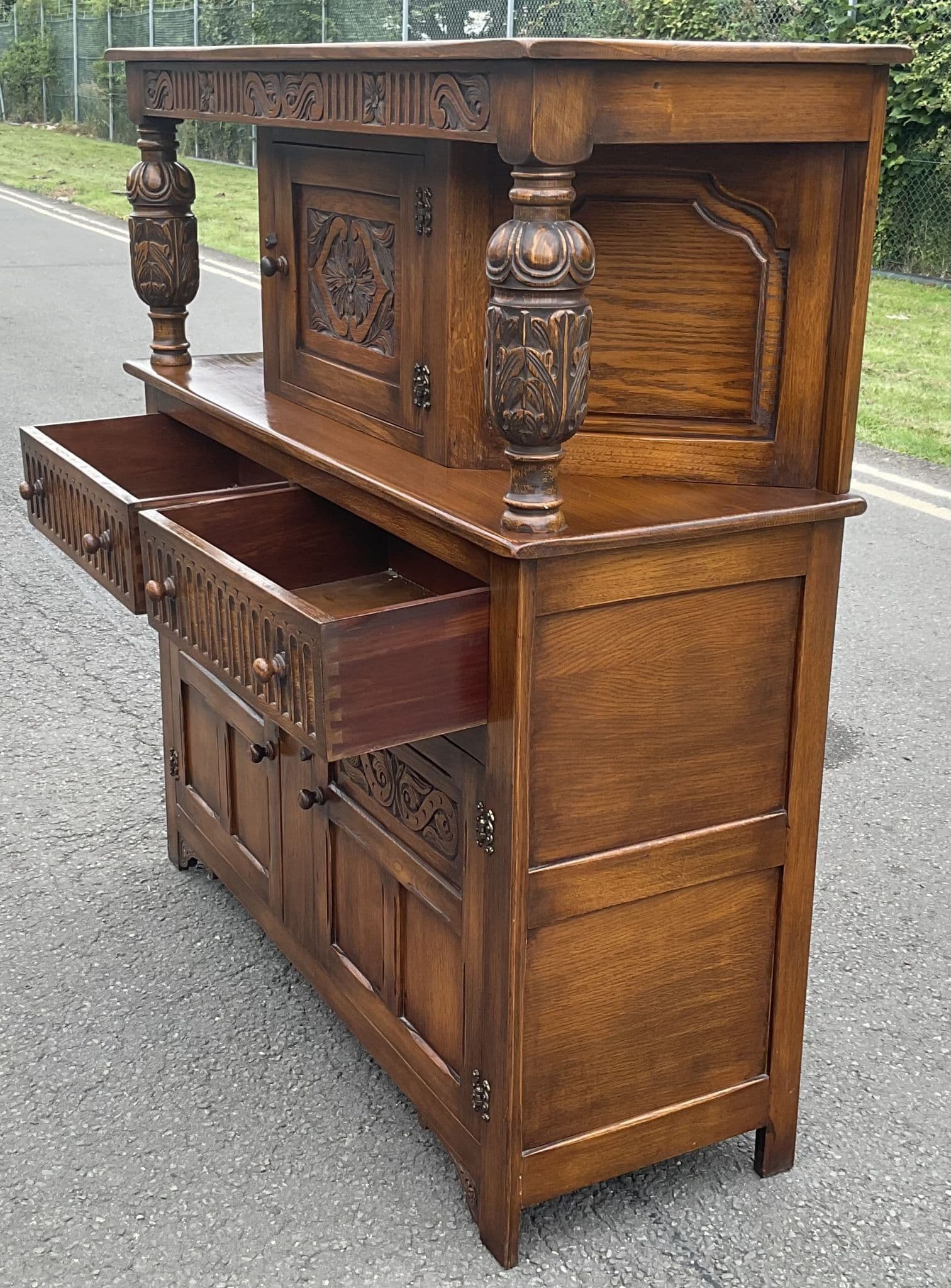Panelled Oak Carved Court Cupboard