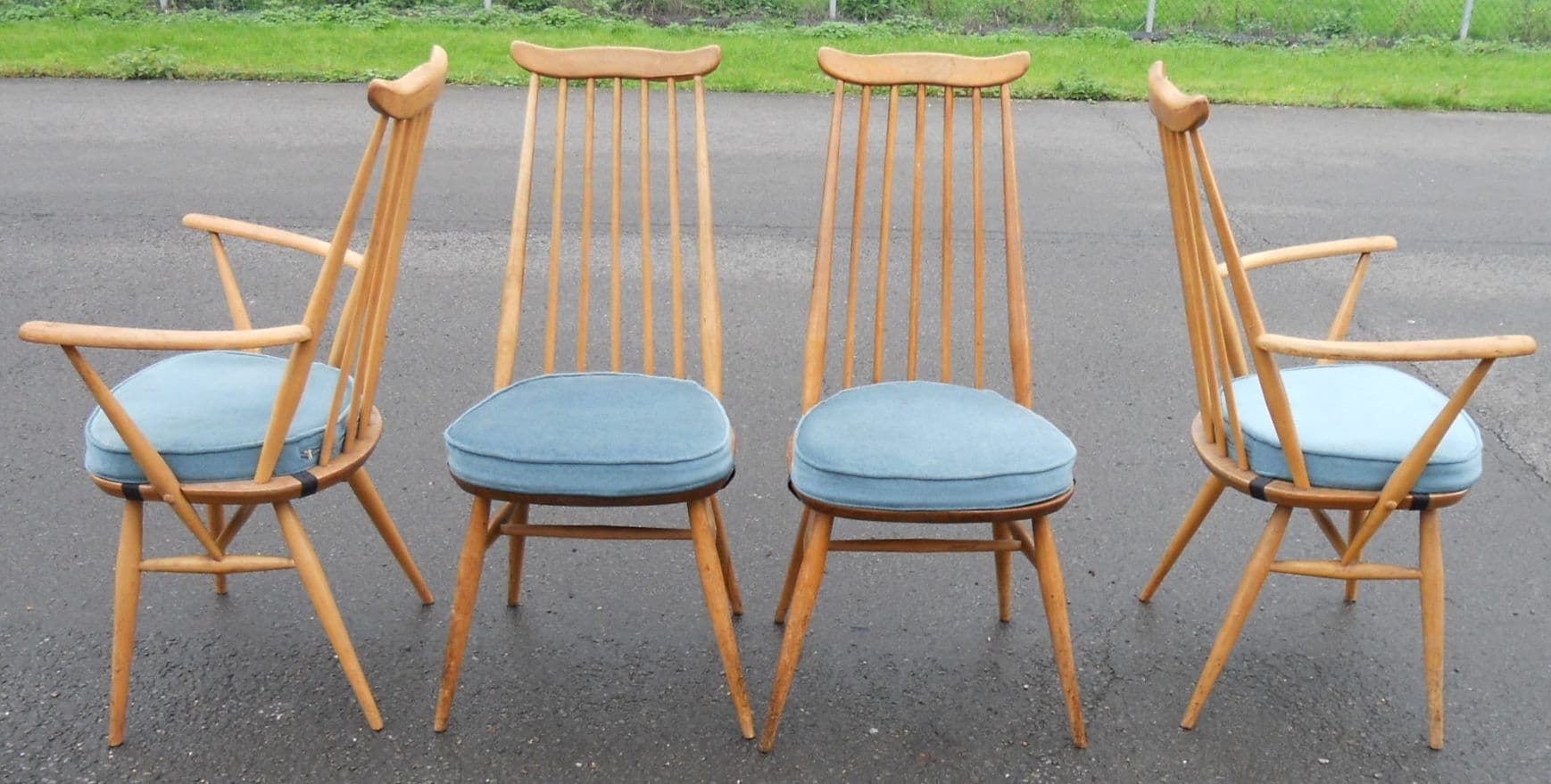 Set of Four Ercol Light Elm Highback Dining Chairs
