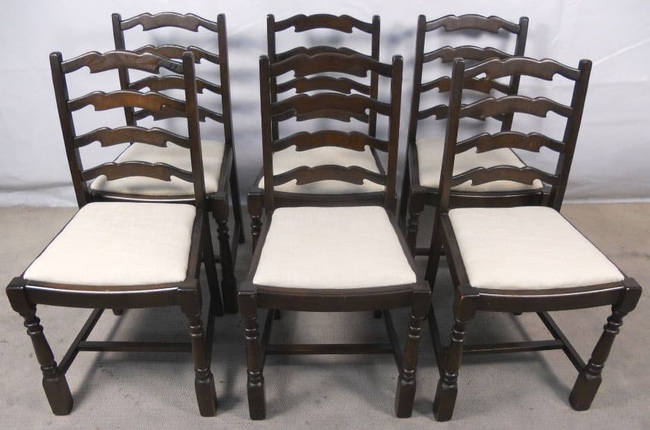 Set of Six Antique Style Dark Beech Ladderback Dining Chairs