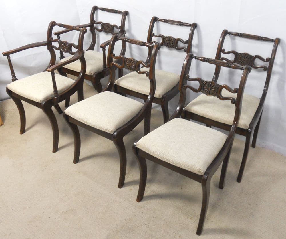 Set of Six Dark Wood Regency Style Dining Chairs