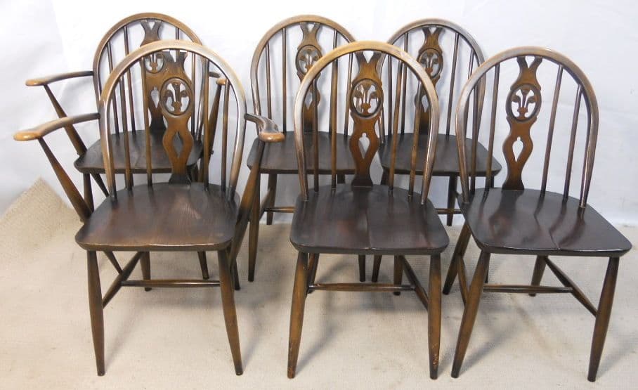 Set of Six Ercol Elm Stickback Kitchen Dining Chairs - SOLD