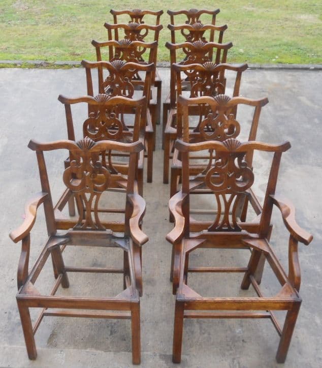 Set of Twelve Antique Chippendale Style Oak Dining Chairs - SOLD