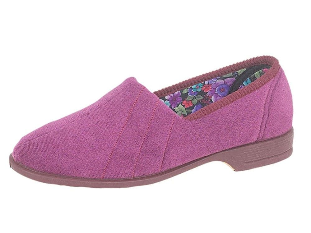 AUDREY Ladies Velour Roll Top Slippers with Rubber Sole HEATHER
