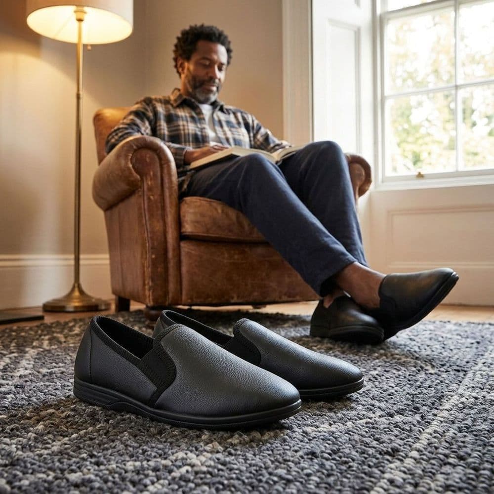 Men s IVOR Softie PU Slippers with Injection PVC Sole BLACK