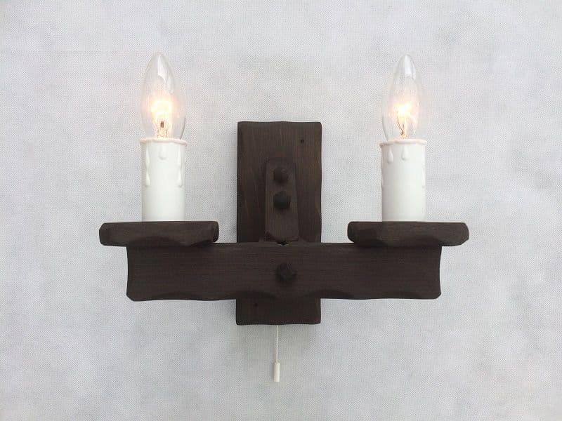 Rustic 2-Light Wooden Wall Light & Pull Switch | Tradwoodlights