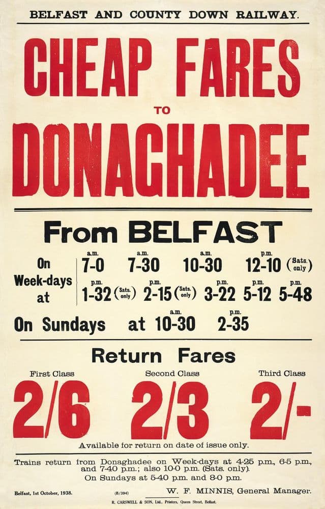Irish Railway Timetable Poster Cheap Fares to Donaghadee From Belfast ...