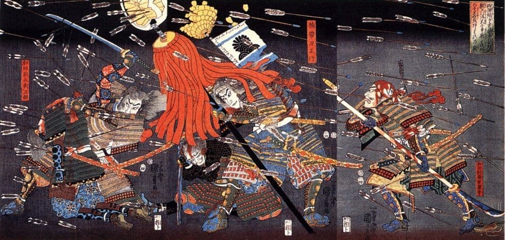 Vintage Japanese samurai poster - Samurai under archer fire