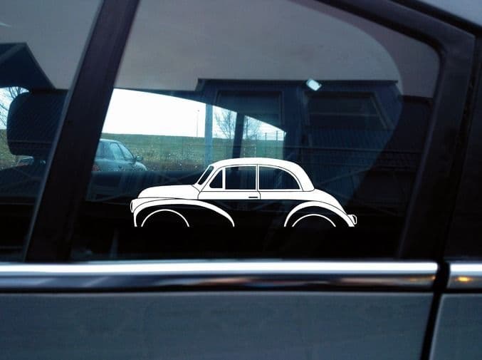 2x car silhouette stickers - for Morris Minor 2-door saloon classic