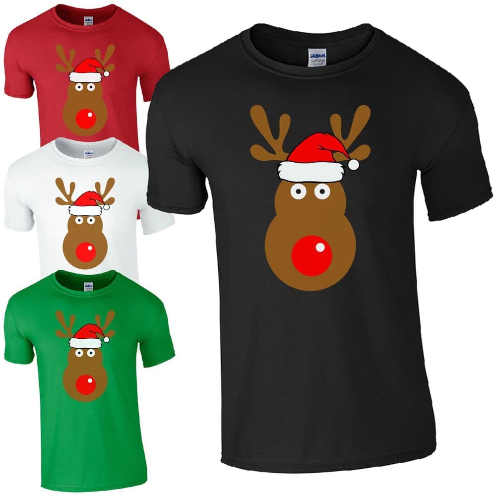 Rudolph Reindeer Face Santa Hat T-Shirt - Retro Cute Christmas Kids ...