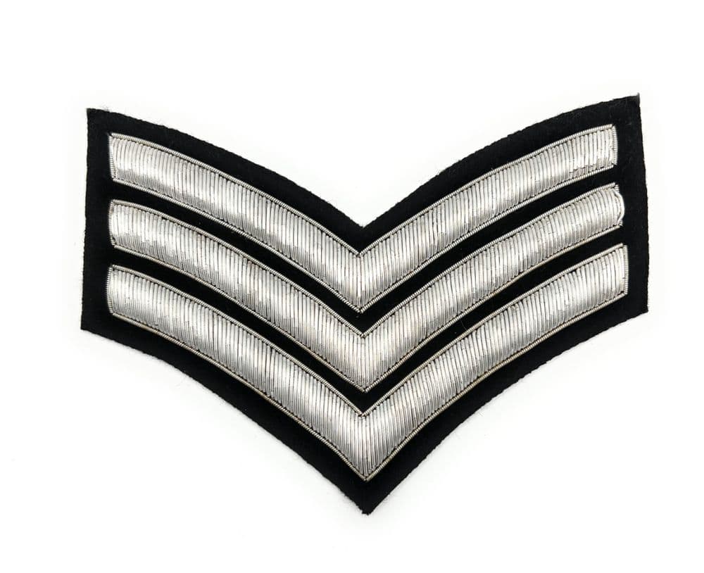 Chevrons Sergeant Stripes Silver Bullion On Black 3 Bars 150mm Wide R1224