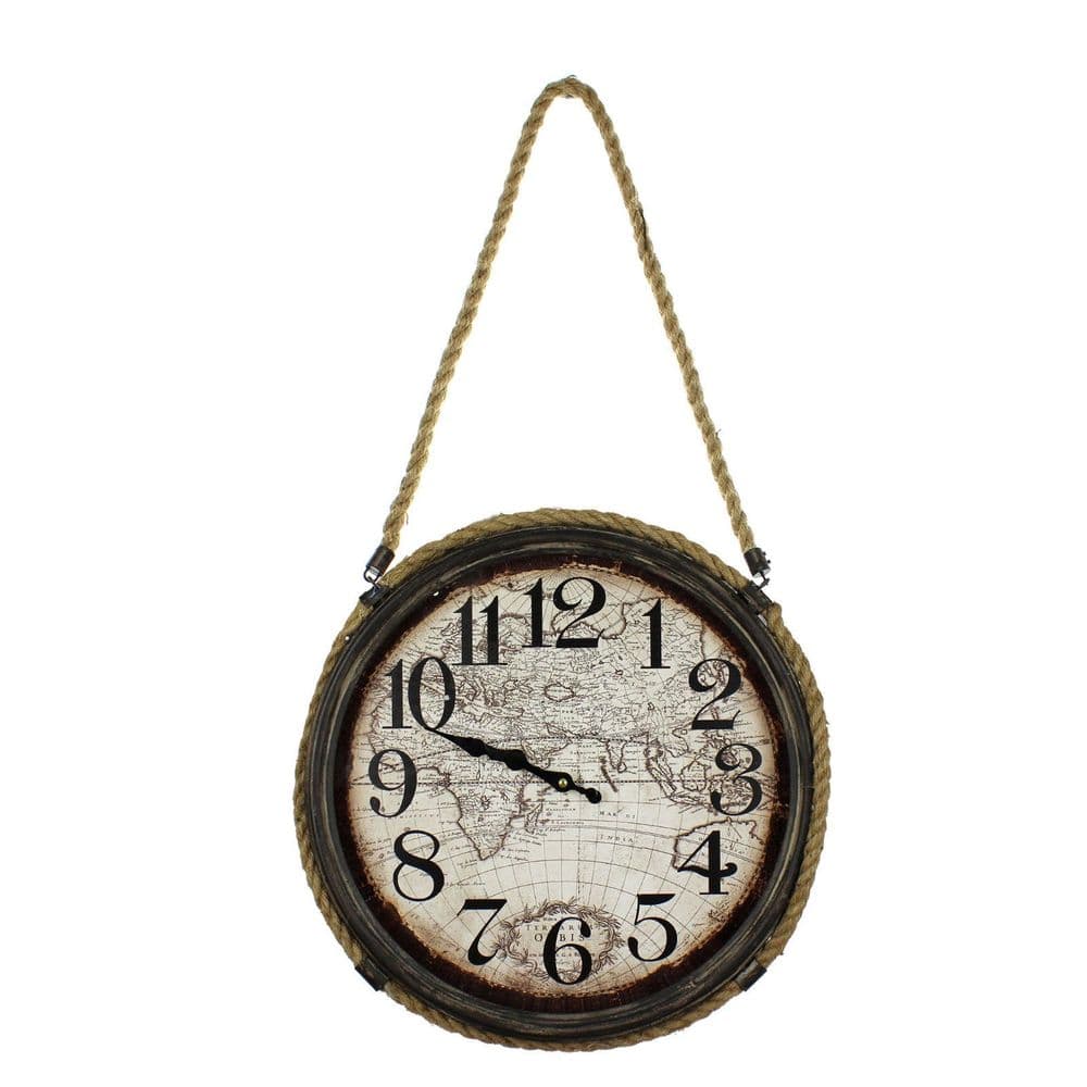 Antique Effect Round Metal World Map Atlas Wall Clock w Hanging Rope 43cm