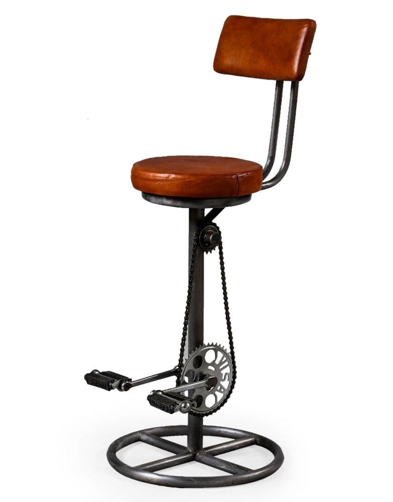 Retro Antiqued Leather & Iron Bicycle Pedal Bar Stool With Back Rest