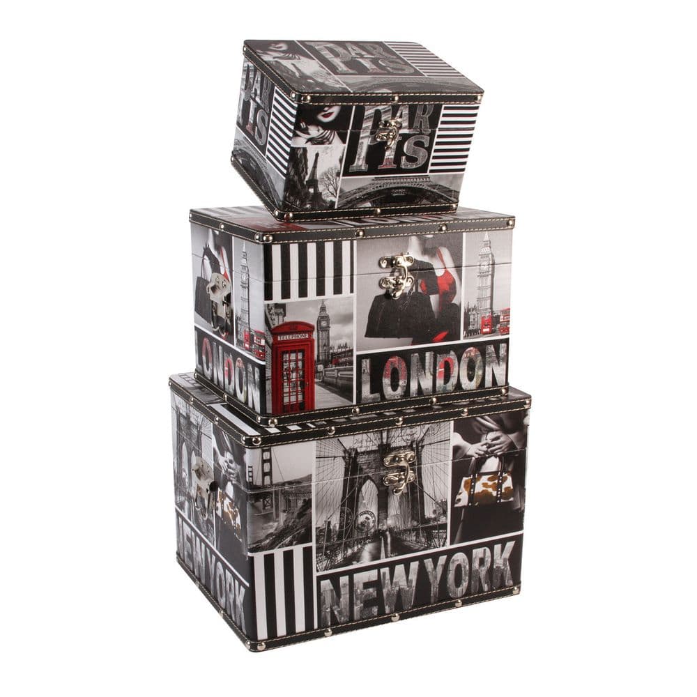 Set of 3 London New York Paris Storage Keepsake Memento Box Boxes