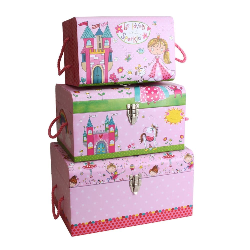 Set of 3 Pink Storage Keepsake Toy Trunks Girl