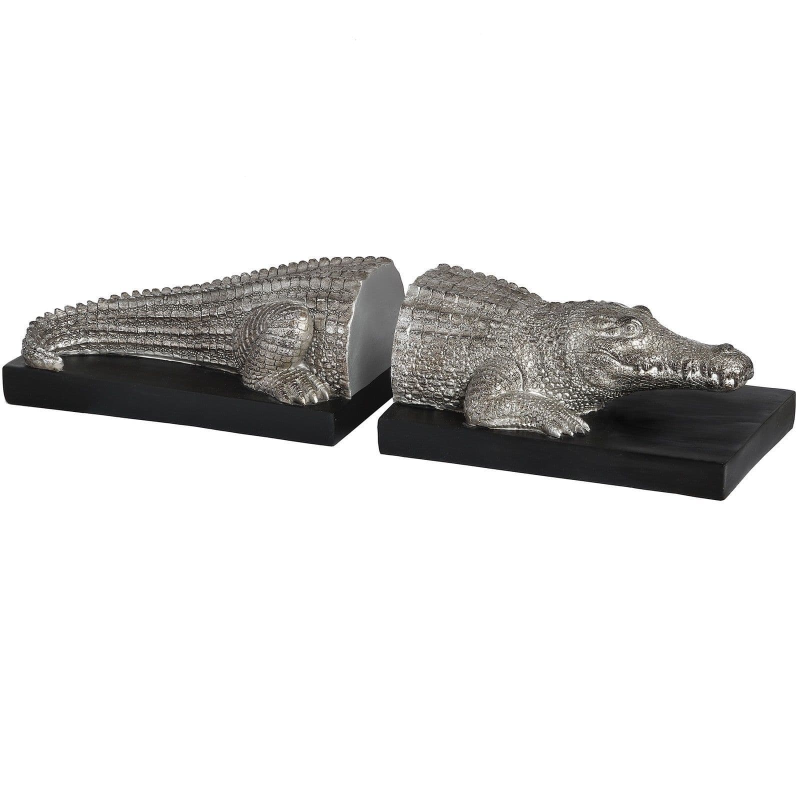 Silver Crocodile Style Book End Bookends on Wooden Base