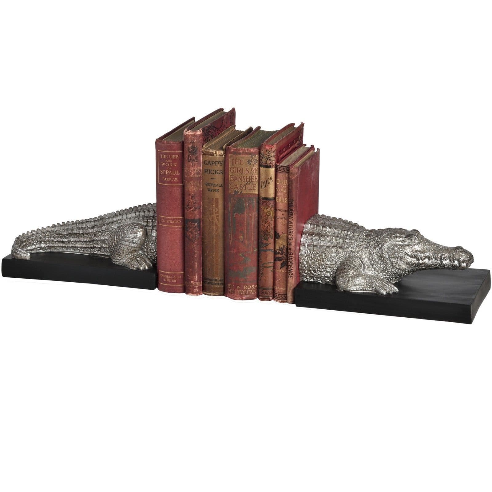 Silver Crocodile Style Book End Bookends on Wooden Base