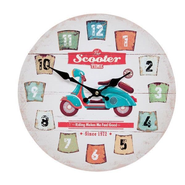 Wooden MDF Shabby Chic Style Round 34cm Vespa Scooter Wall Clock Multi ...