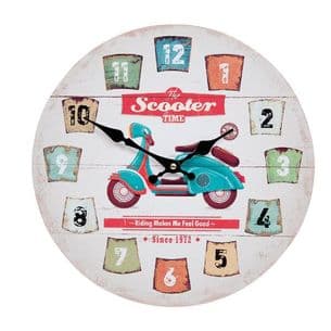 Wooden MDF Shabby Chic Style Round 34cm Vespa Scooter Wall Clock Multi ...