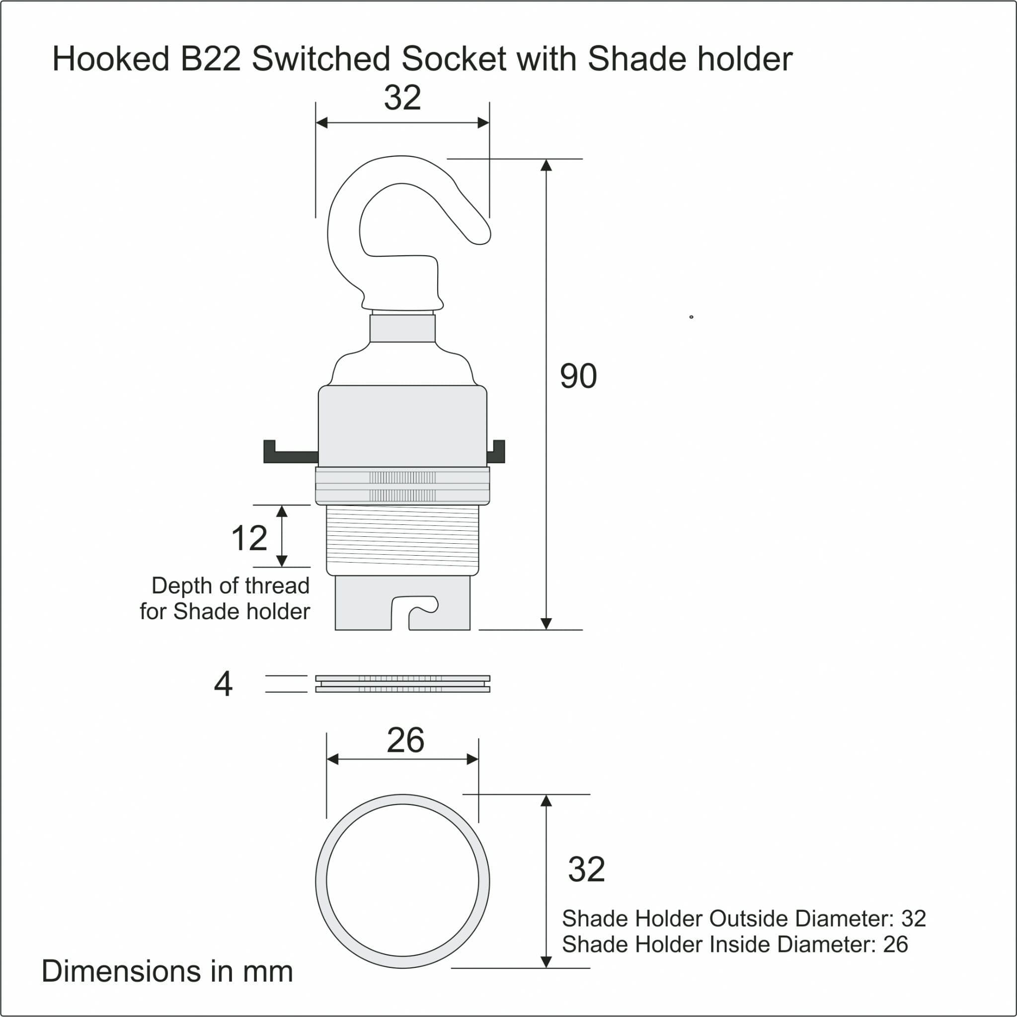 Hooked B22 Socket - Switched - Old English