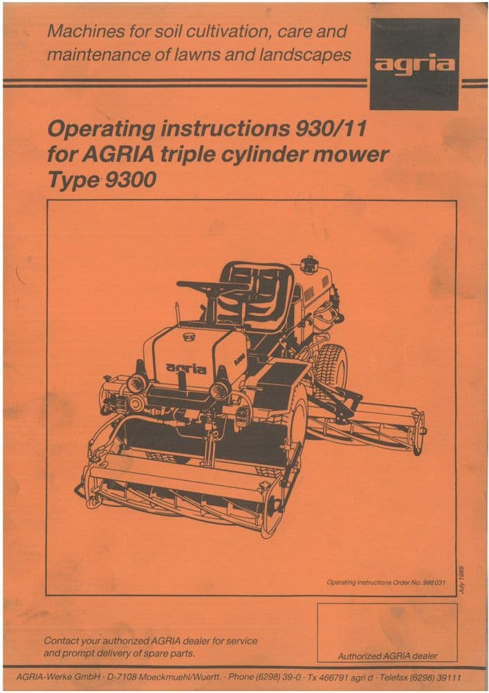 Agria Dual Purpose Riding Mower Model 9300 Grass Machine Operators Manual