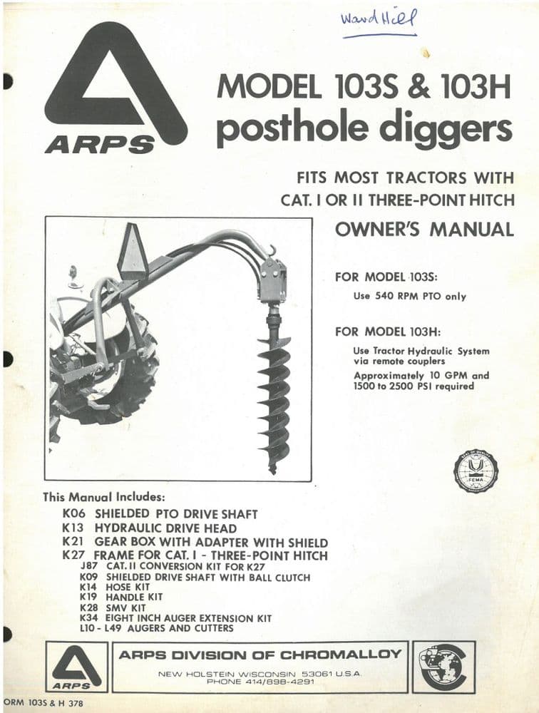 ARPS 103S & 103H Posthole Diggers - Operators Manual