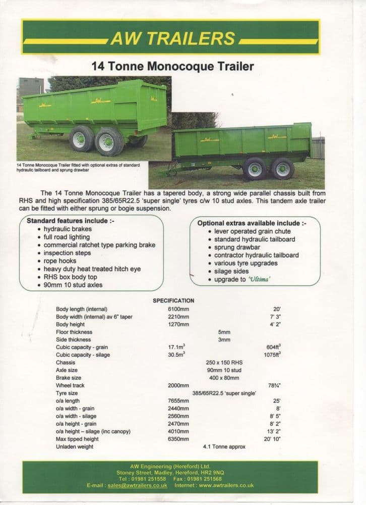 AW Trailers - 14 Tonne Monocoque Trailer - Brochure