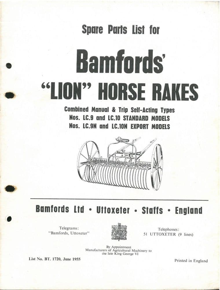 Bamford Rake "Lion" Horse Rake Parts Manual