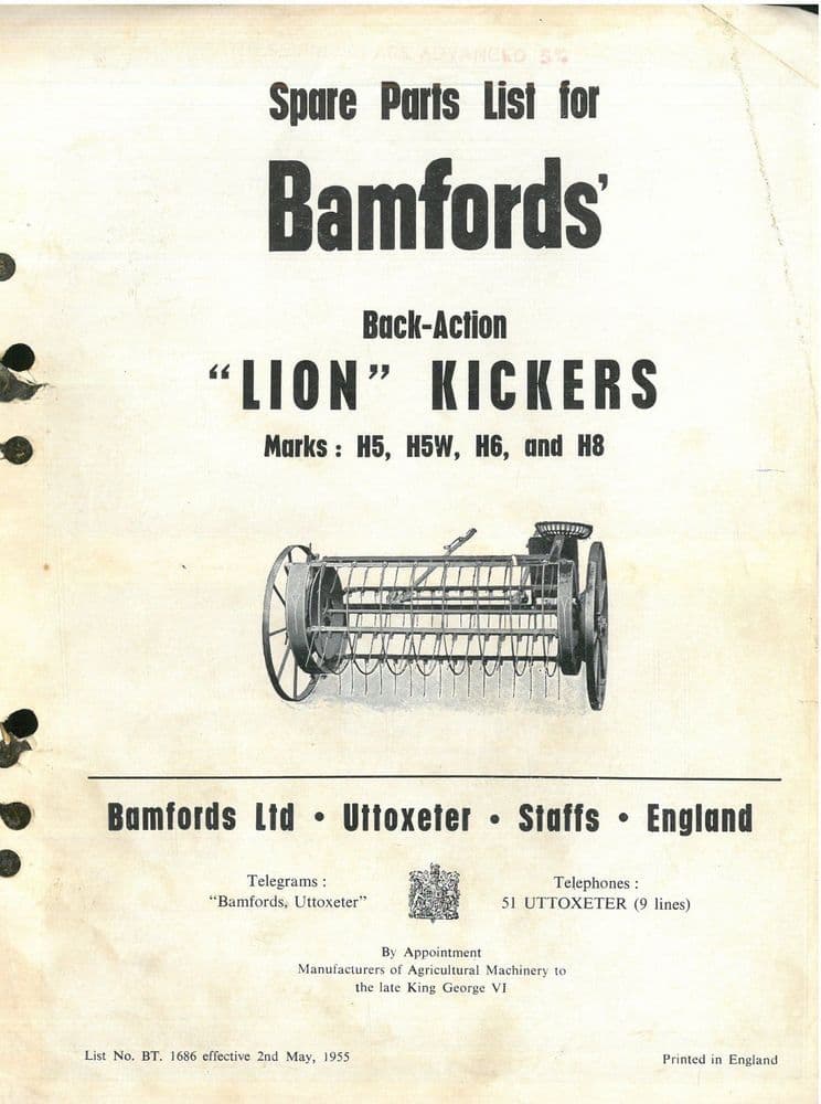Bamford Tedder Back Action "Lion" Kickers Mark H5 H5W H6 & H8 Tedder ...