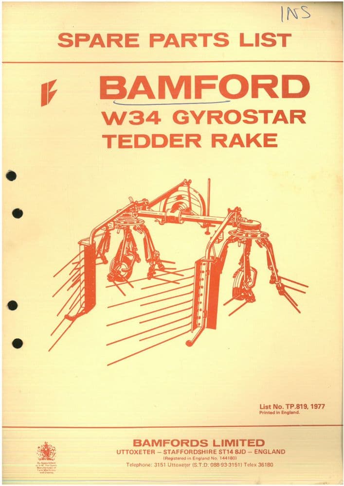 Bamford Tedder Rake W33 Gyrostar Parts Manual