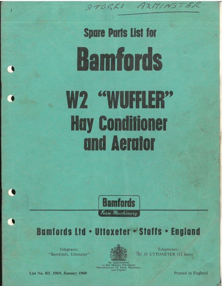 Bamford W2 Wuffler Tedder Hay Conditioner & Aerator Parts Manual - ORIGINAL