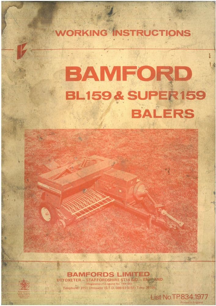 Bamfords Baler BL159 & Super 159 Operators Manual - ORIGINAL