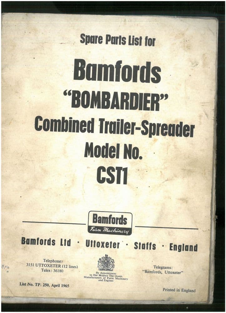 Bamfords Bombardier Combined Trailer Spreader Parts Manual - Model Nos ...