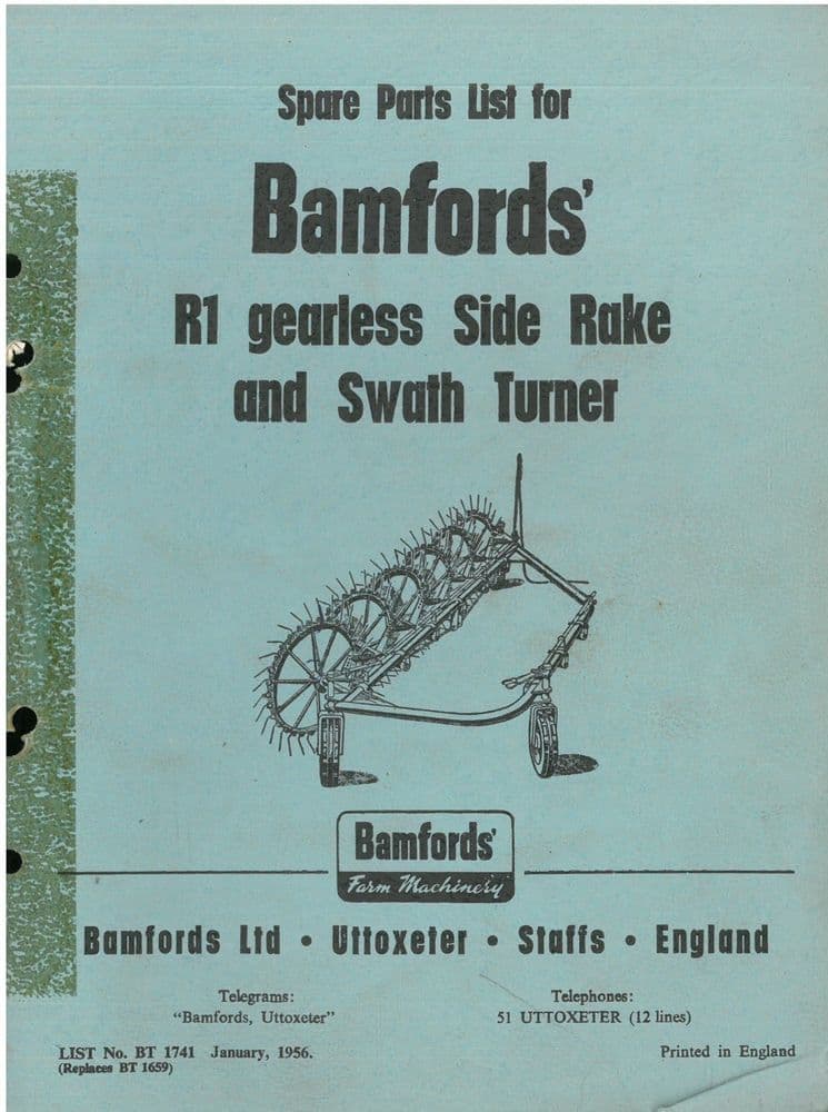 Bamfords Gearless Side Rake & Swath Turner R1 Parts Manual