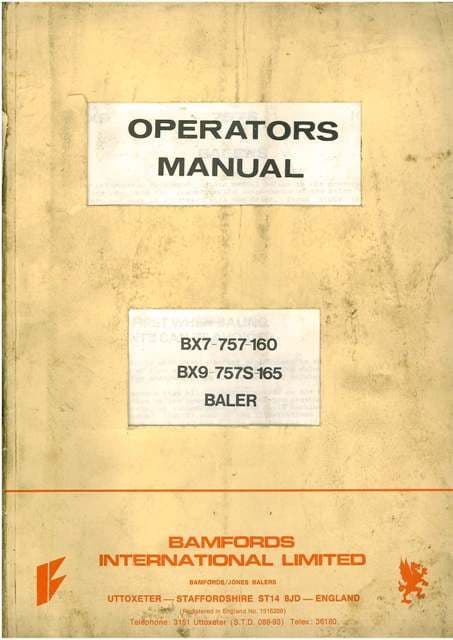 Bamfords / Jones Baler BX7 757 160 BX9 757S 165 Operators Manual
