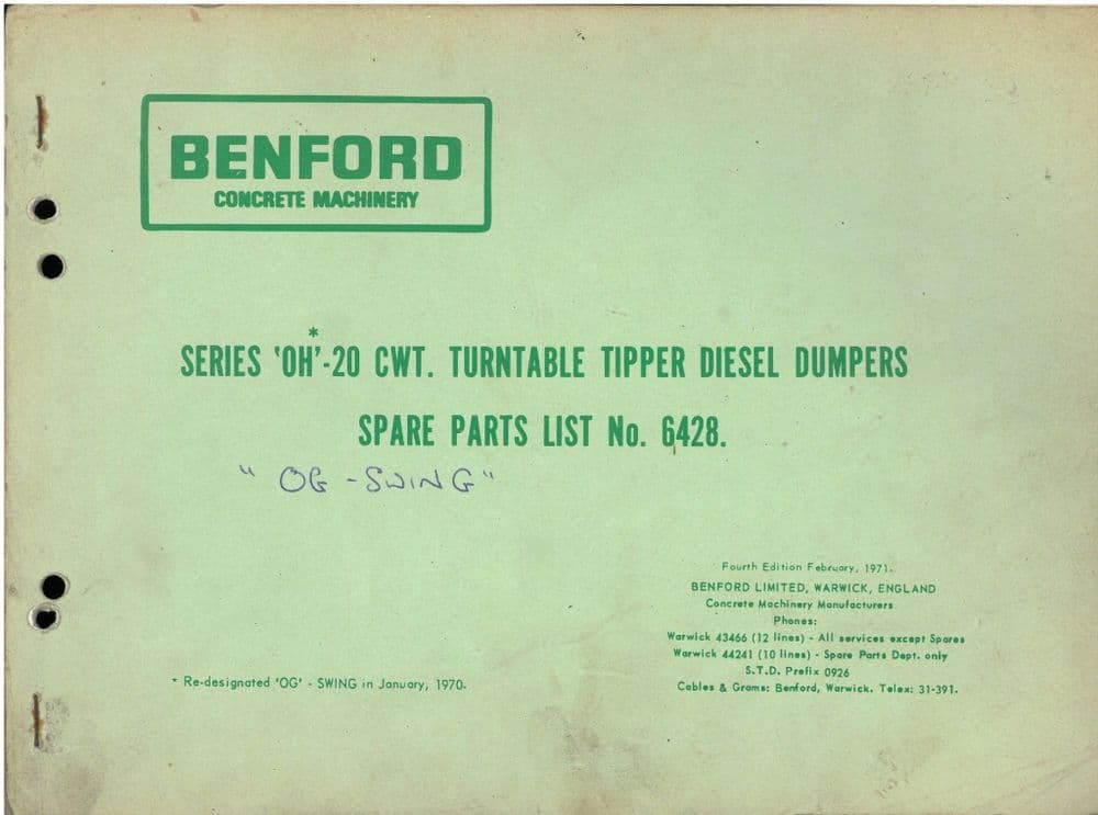 Benford Series OH 20 CWT Turntable Tipper Dumper Parts Manual