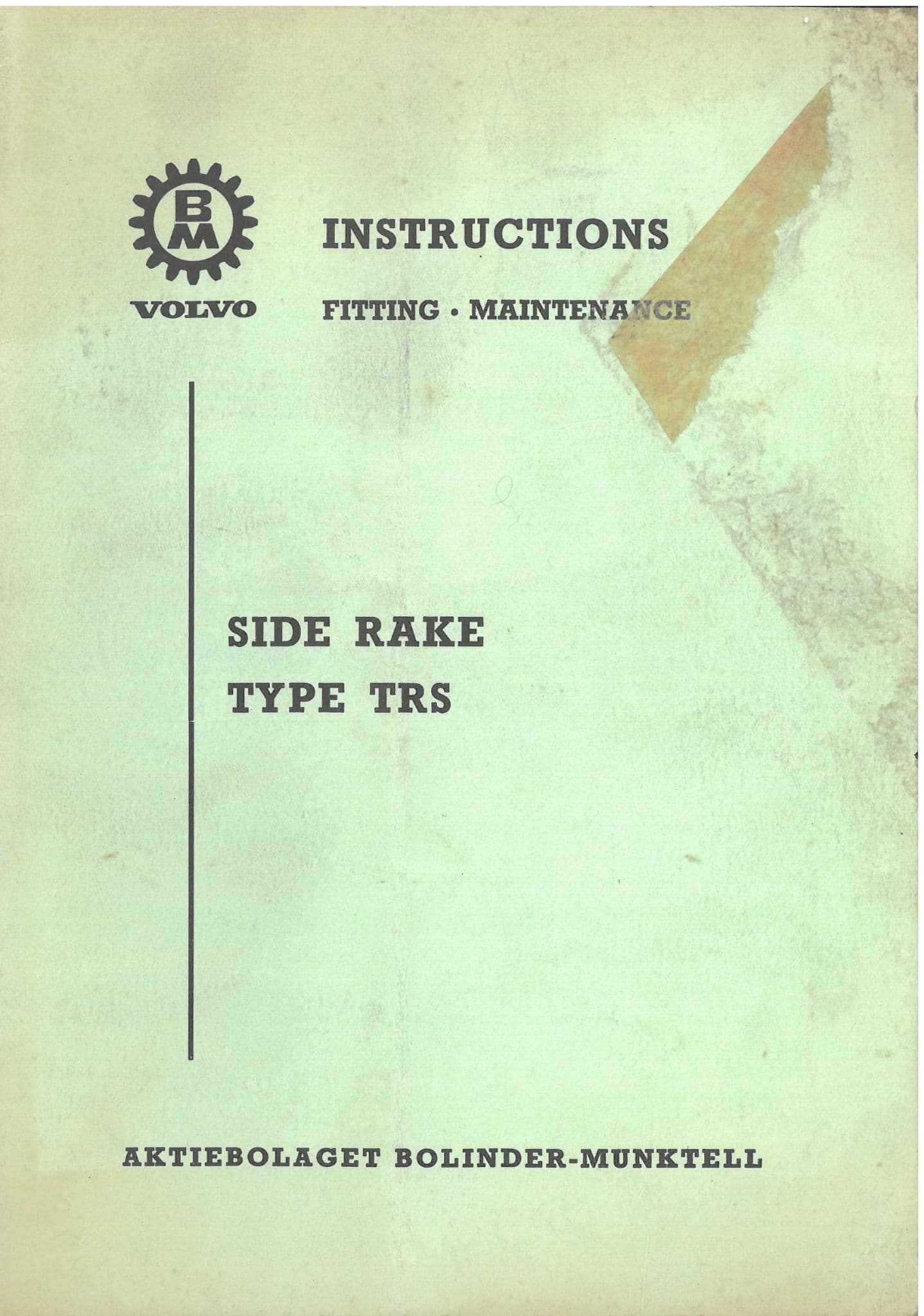 Bolinder Munktell Volvo BM Side Rake Type TRS Operators Manual ...