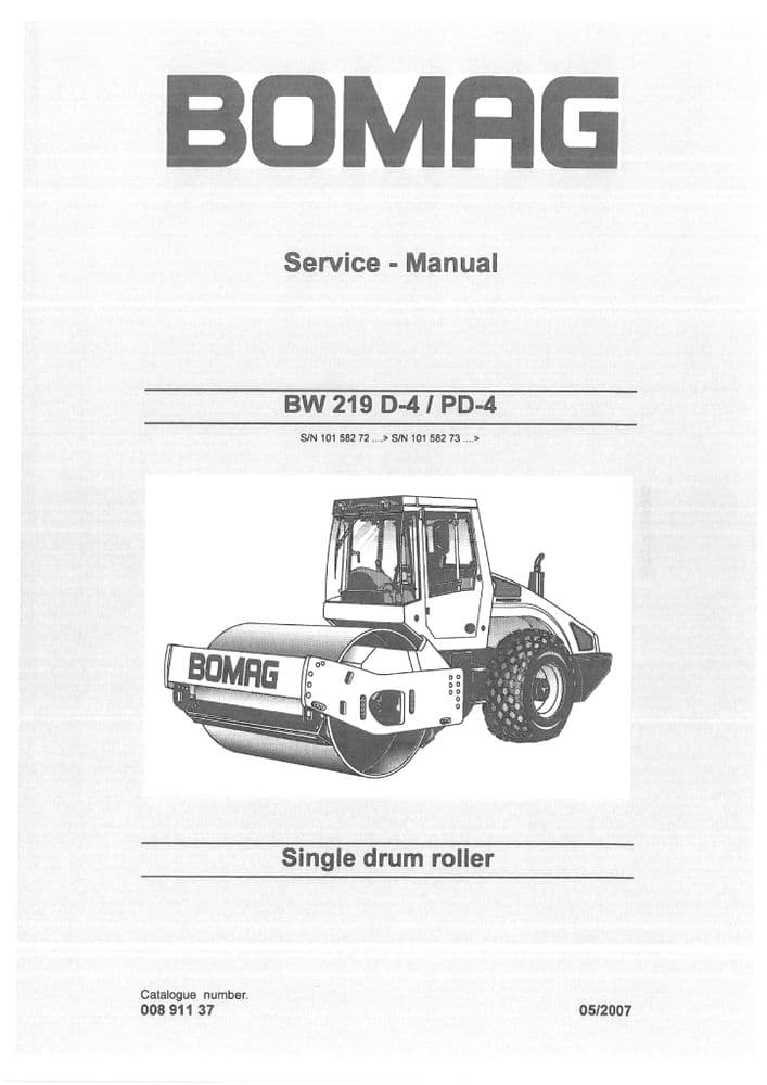 Bomag Single Drum Roller BW219 D-4 & PD-4 Workshop Service Manual