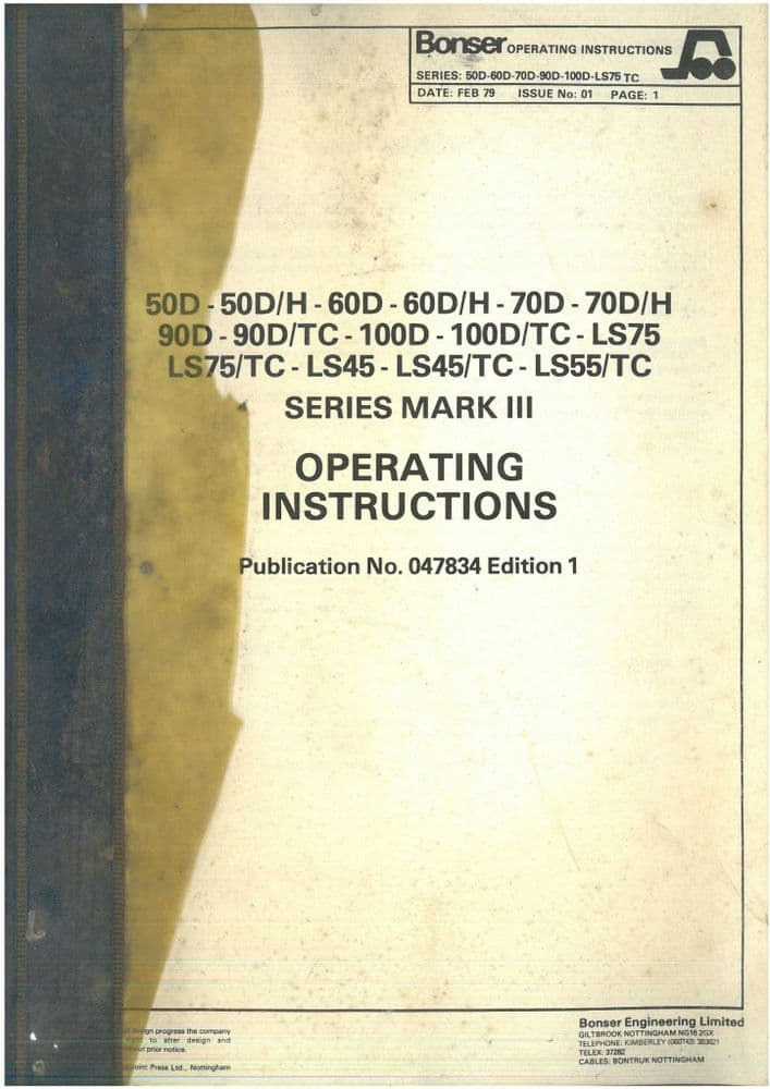 Bonser Forklift Truck 50D 60D 70D 90D 100D LS45 LS45/TC LS75 LS75/TC ...