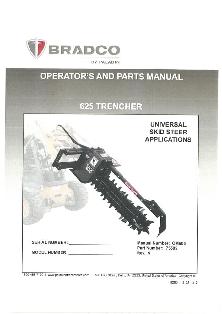 Bradco Trencher Attachment 625 Operators Manual and Spare Parts List