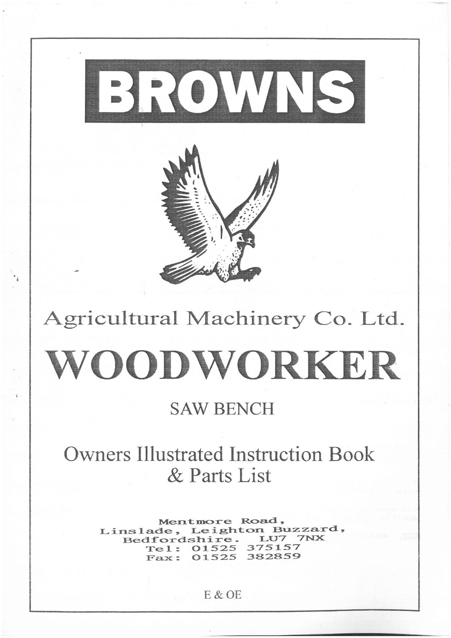 Browns Woodworker Sawbench Operators Manual with Parts List - ORIGINAL