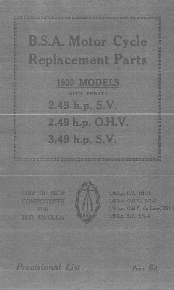 BSA Engine Model 1930 2 49HP SV 2 49HP OHV 3 49HP SV Parts Manual