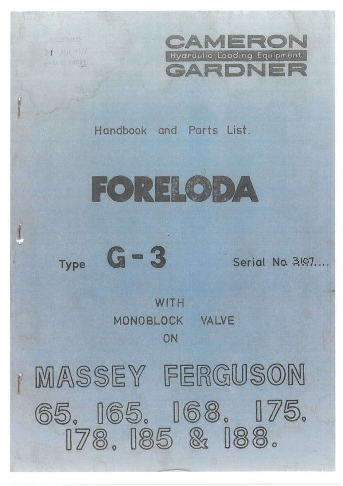 Cameron Gardner Loader Foreloda G-3 Operators Manual & Parts Manual G3