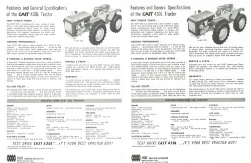 Cast Tractor 430L Brochure Single Sheets and Letter Dated 1969