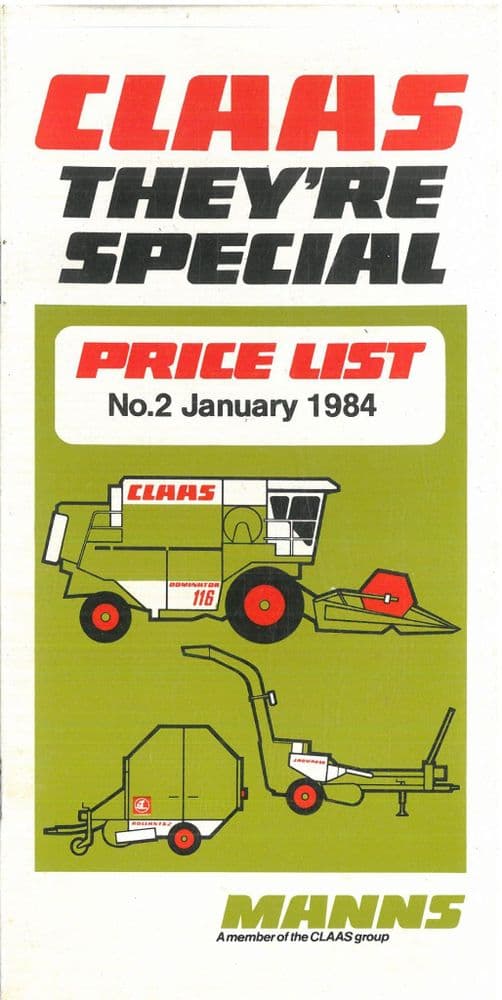 Claas Combine Baler Forager Mower Loader Wagons Price List - Jan 1984