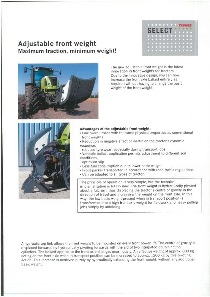 Claas Select Adjustable Front Weight Brochure