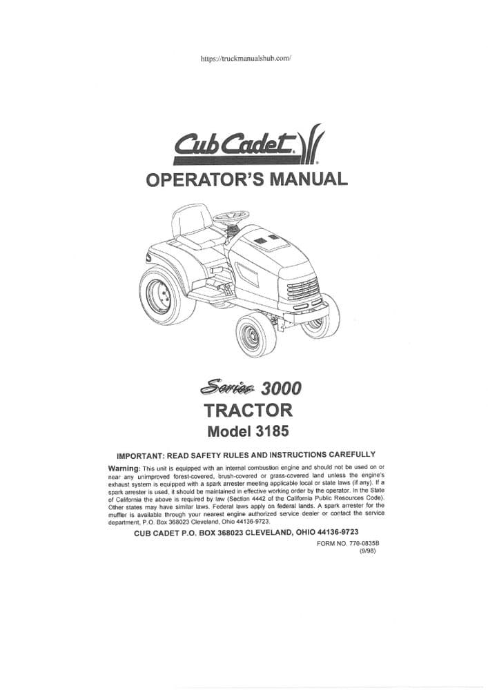 Cub Cadet Garden Tractor Model 3185 Operators Manual