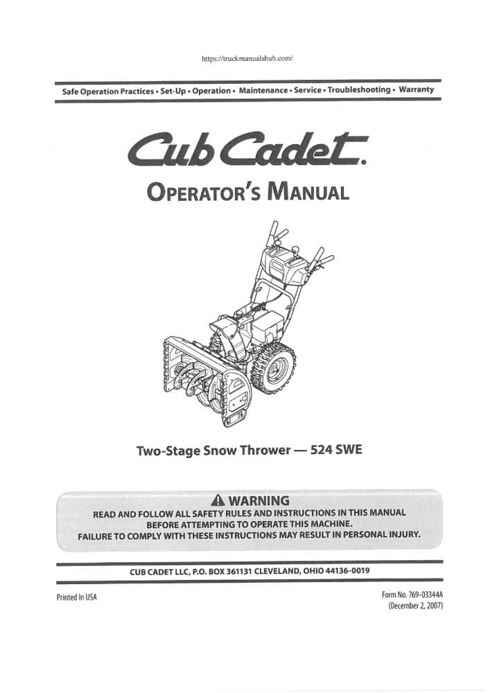 Cub Cadet Two Stage Snow Thrower 524SWE Operators Manual